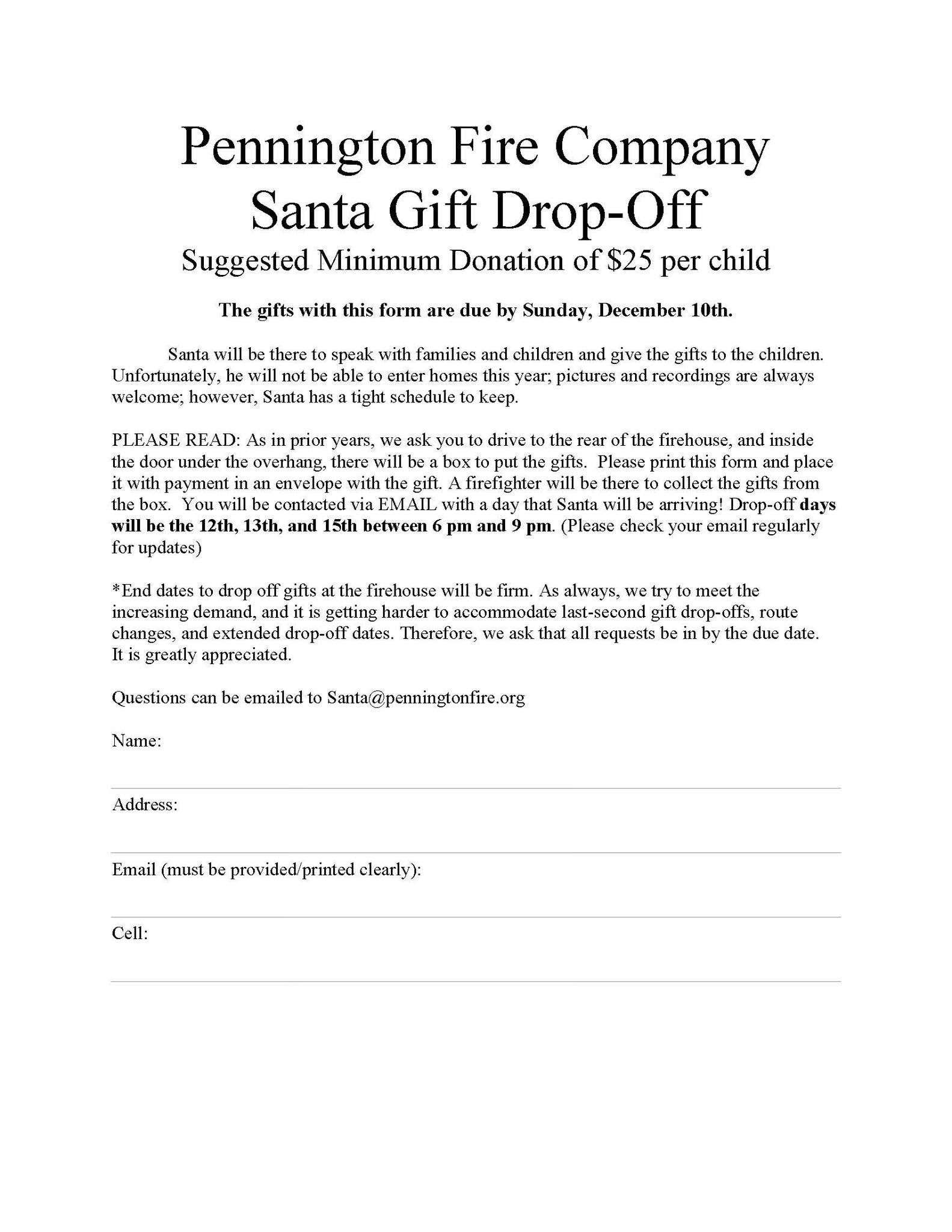 Santa Gift Drop-Off | Pennington Fire Company
